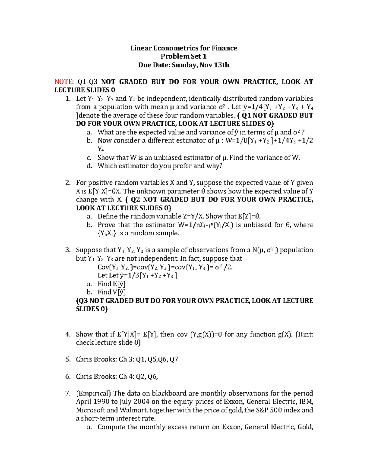 Problem Set 1 Homework1 Linear Econometrics For Finance Problem Set 1 Due Date Sunday Nov 4186
