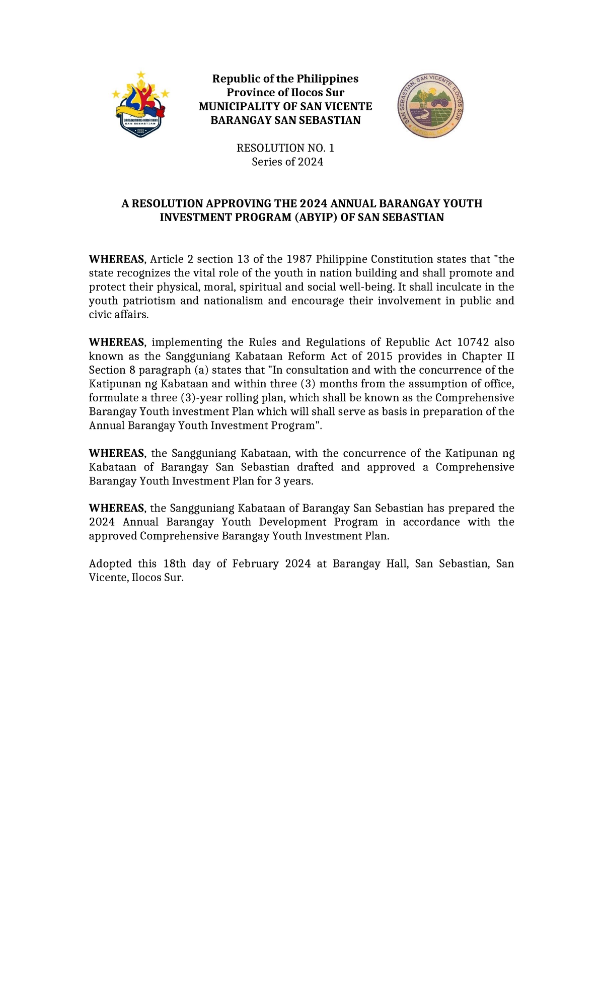 SK 3 Resolutions 2024 - Republic of the Philippines Province of Ilocos ...