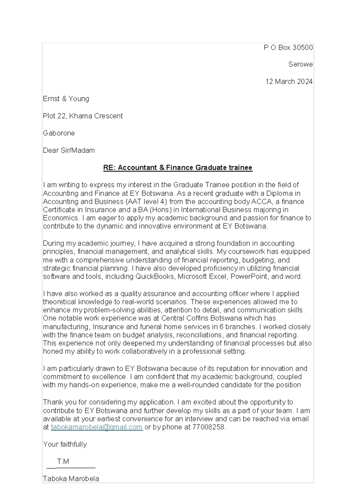 EY Cover Letter - P O Box 30500 Serowe 12 March 2024 Ernst & Young Plot ...