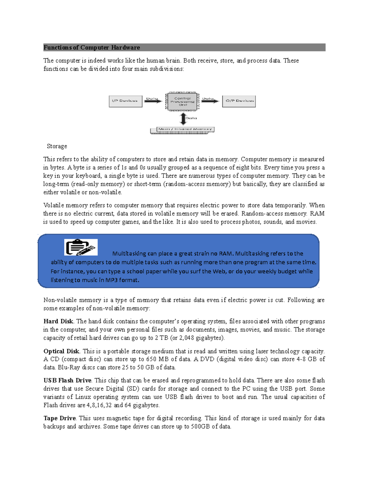 Functions-Hardware - Ict notes - Functions of Computer Hardware The ...
