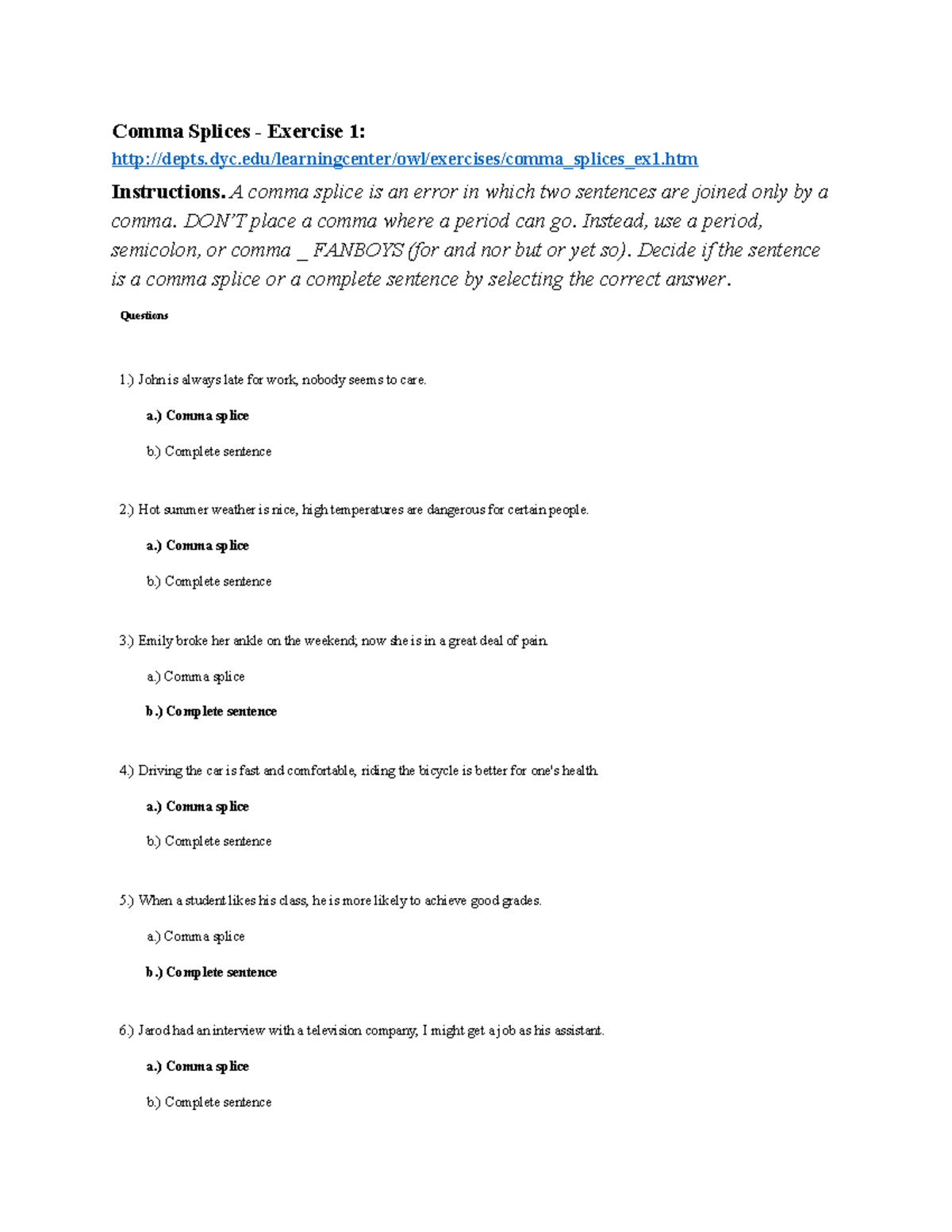 Extra Credit #3 - Comma Splices - Exercise 1: - Studocu