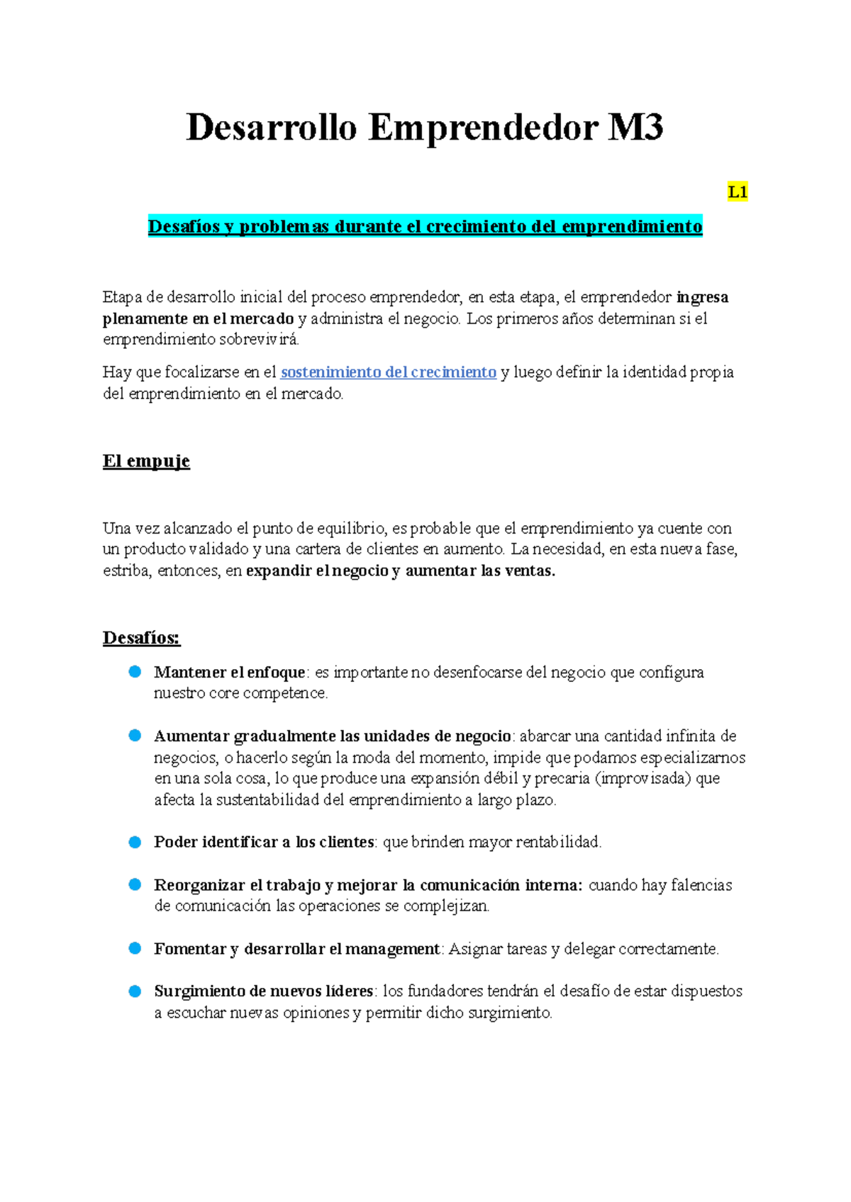 Desarrollo emprendedor resumen M3 - Desarrollo Emprendedor M L Desafíos y problemas durante el ...