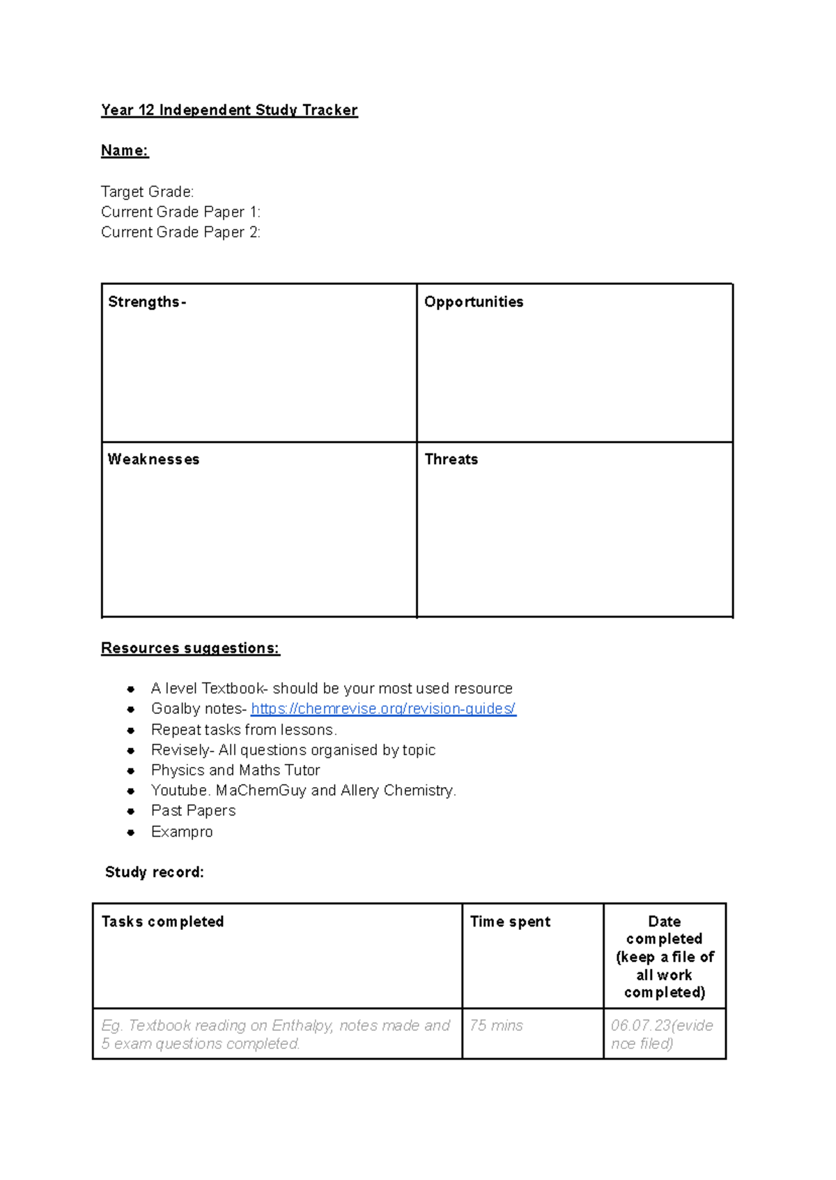 Study Tracker for any subject - Year 12 Independent Study Tracker Name ...
