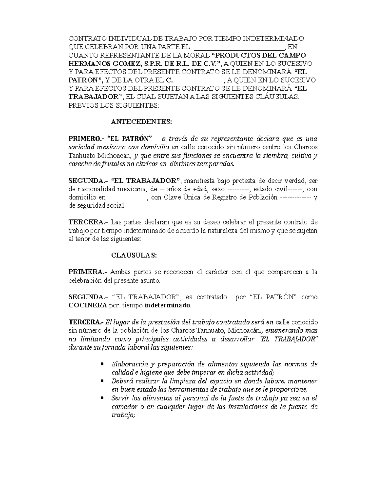 Contrato-DE- Cocinera - CONTRATO INDIVIDUAL DE TRABAJO POR TIEMPO ...