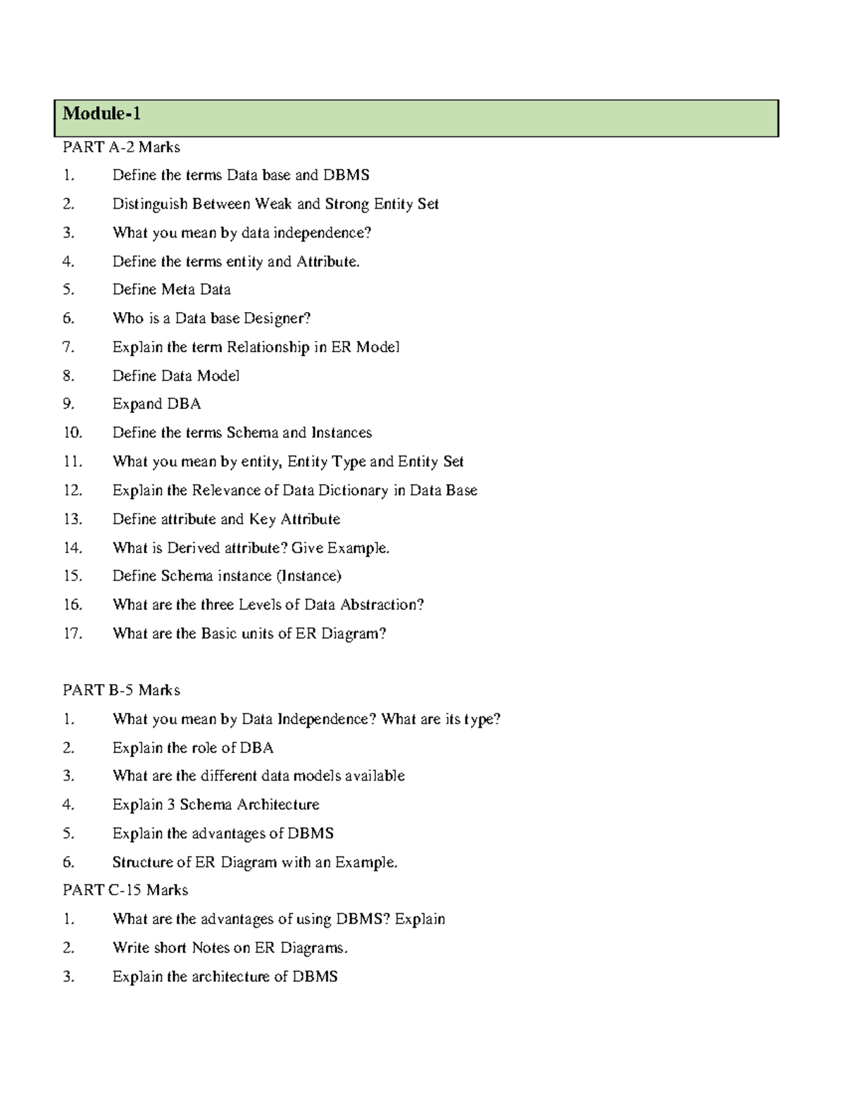Important Questions Dbms Module 1 Part A 2 Marks Define The Terms
