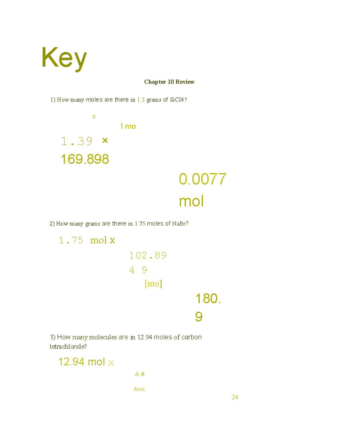 Study Guide KEY CHEM 2022 - Key Chapter 10 Review 1 ) How many moles ...