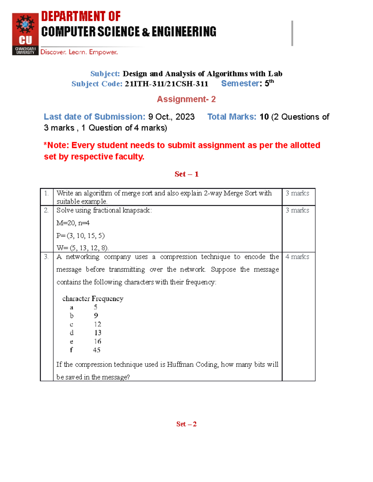 DAA Assignment-2 - DEPARTMENT OF COMPUTER SCIENCE & ENGINEERING Subject ...