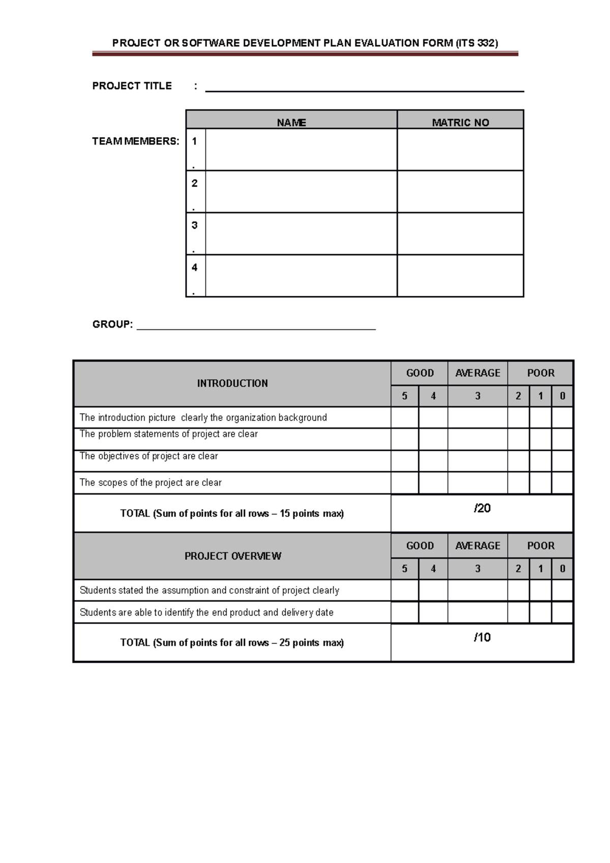 01.SDP evalaution form - PROJECT OR SOFTWARE DEVELOPMENT PLAN ...