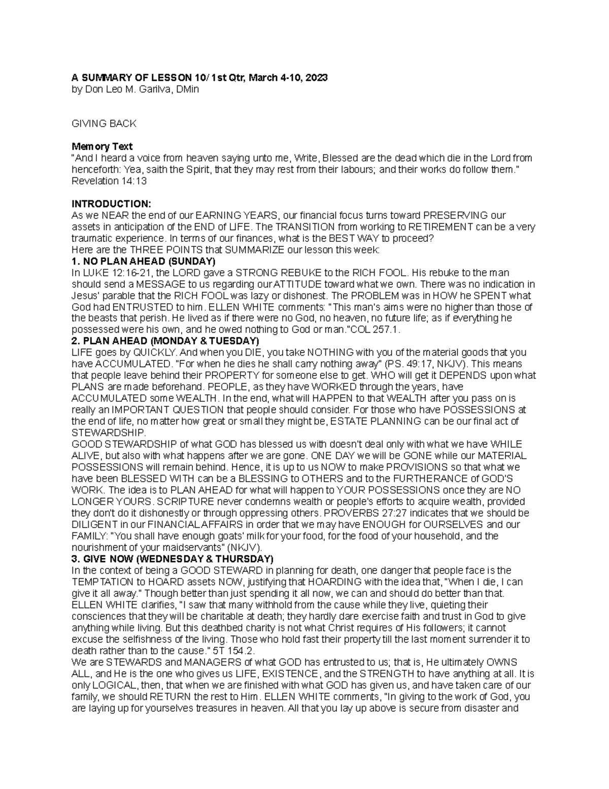 A Summary OF Lesson 10 - A SUMMARY OF LESSON 10/ 1st Qtr, March 4-10 ...