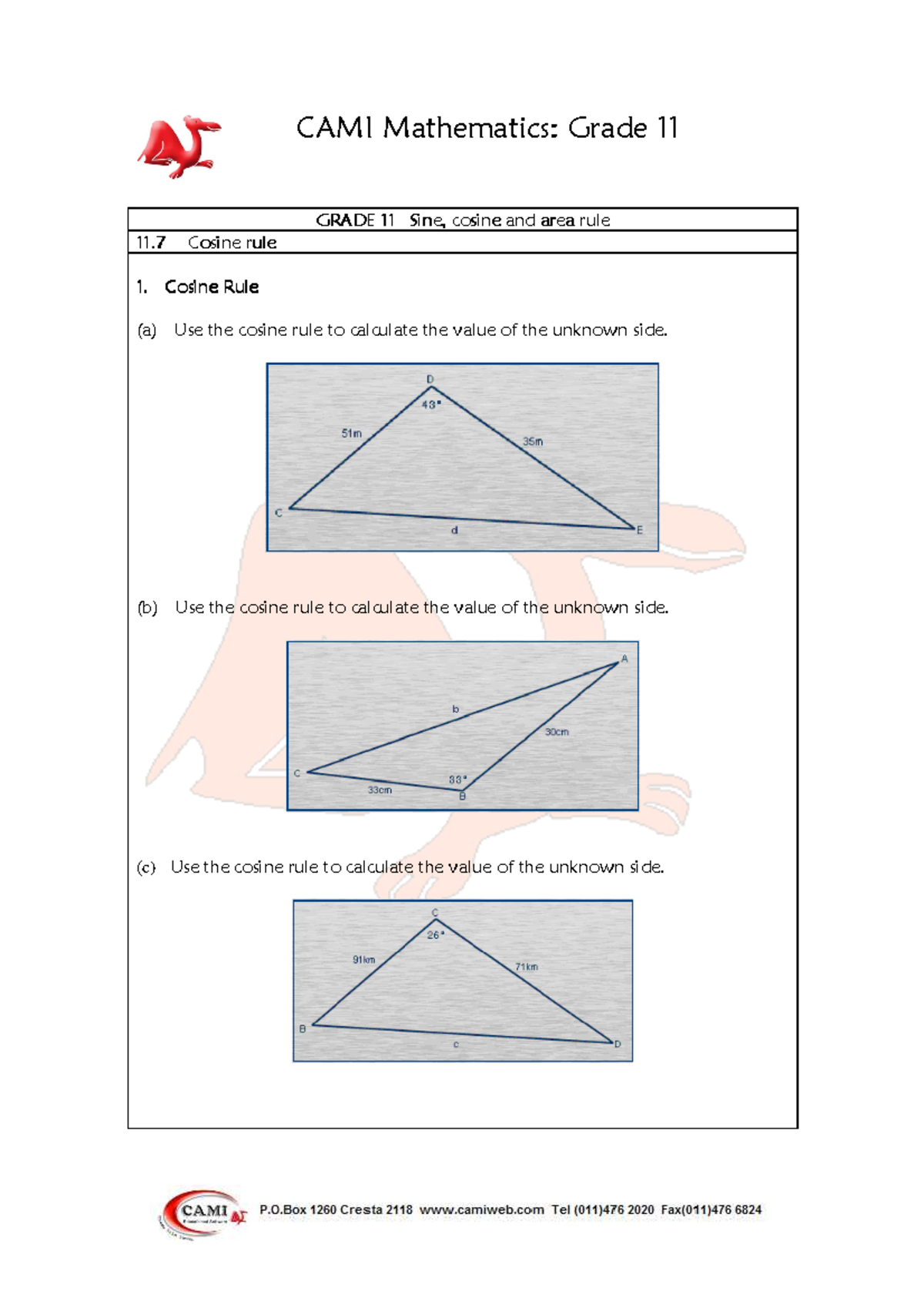 Grade 11 Cosine Rule - - Studocu