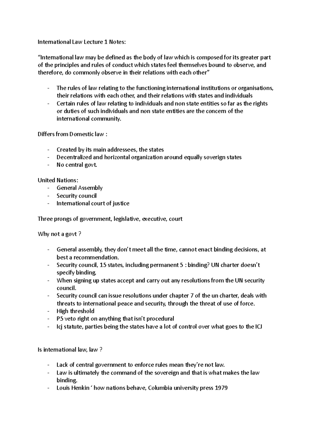 International Law Lecture 1 Notes - International Law Lecture 1 Notes ...