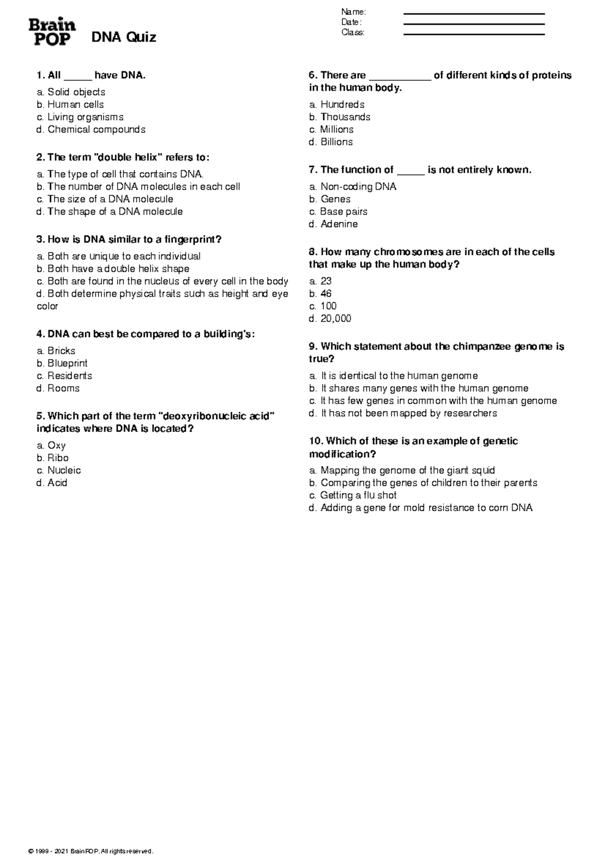 Genetics, Growth, and Development - DNA Brainpop Quiz - DNA Quiz 1. All ...