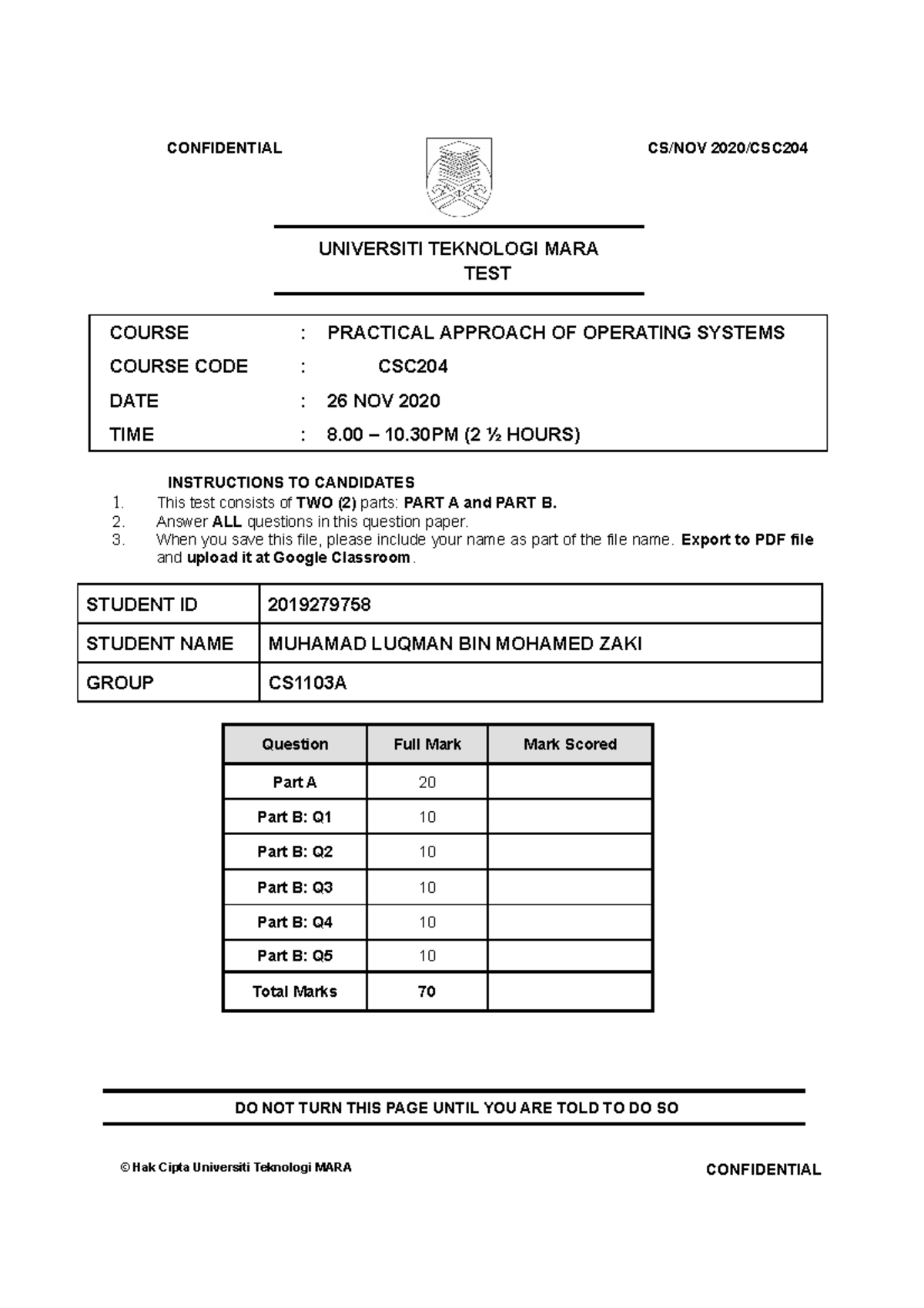 CSC204 Test Oct20-Feb21 - UNIVERSITI TEKNOLOGI MARA TEST COURSE ...