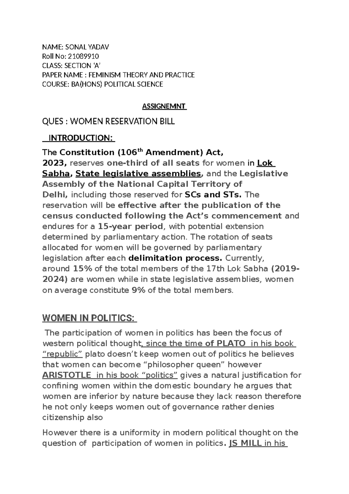 Femnism assignment ' - NAME: SONAL YADAV Roll No: 21089910 CLASS ...