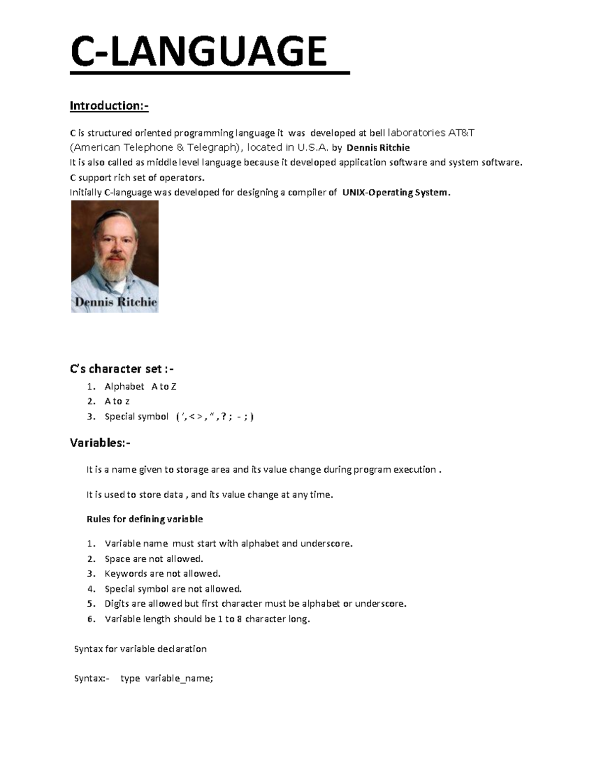 C-Theroy - Notes - C-LANGUAGE Introduction:- C is structured oriented ...