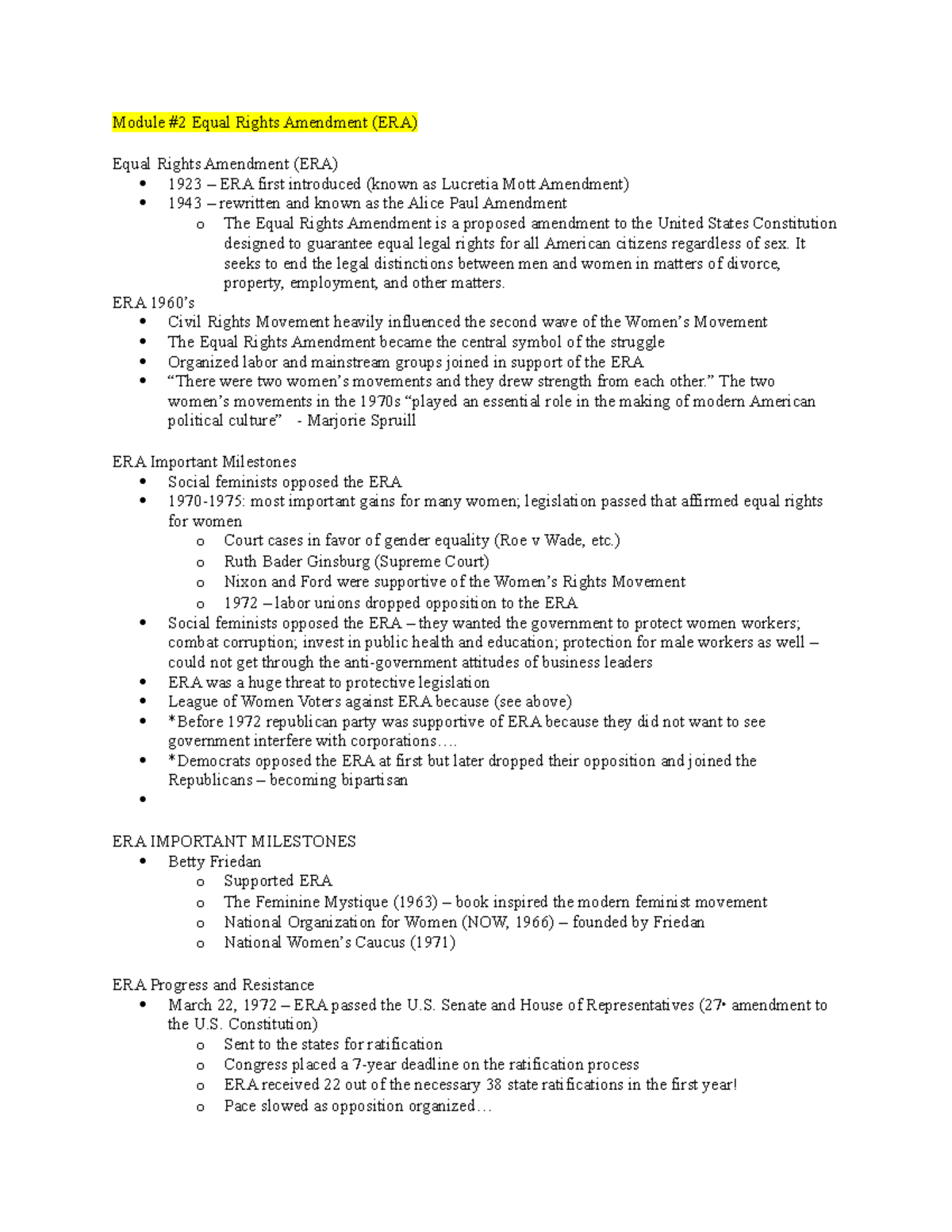 MOD 2 - study guide - Module #2 Equal Rights Amendment (ERA) Equal ...