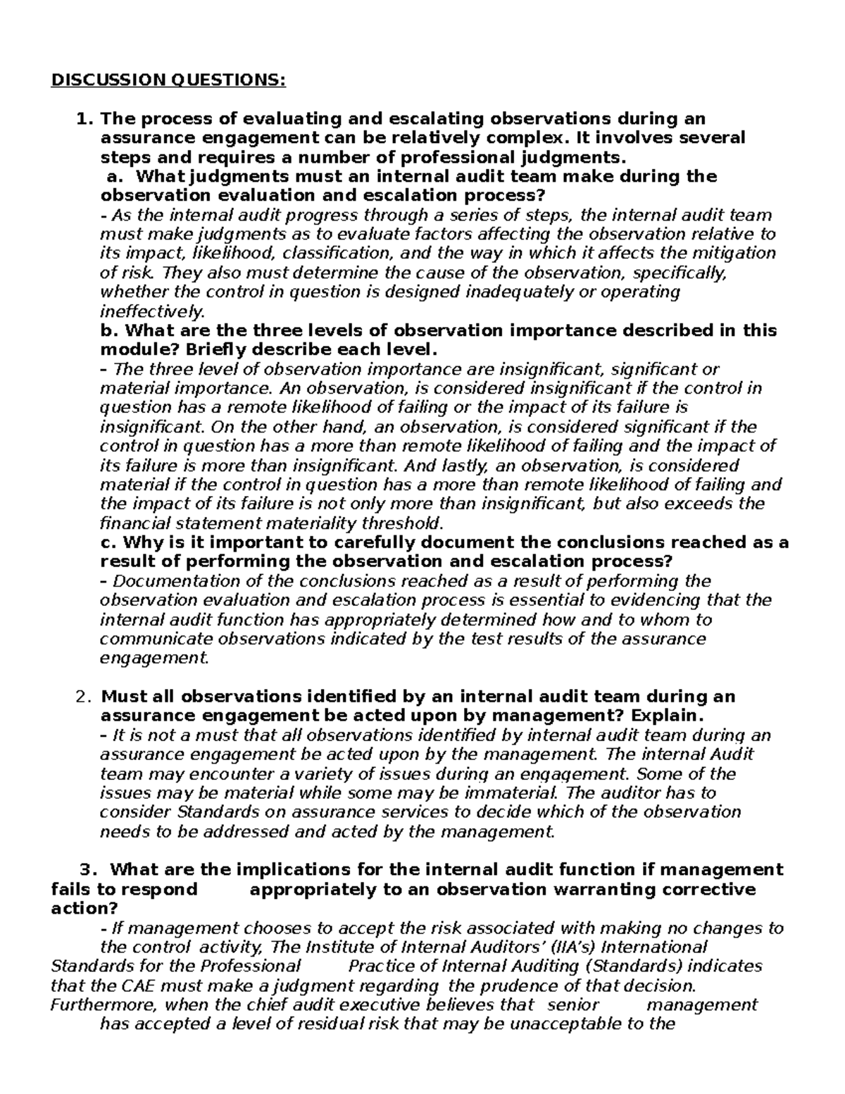 Auditing 1 - essay - DISCUSSION QUESTIONS: The process of evaluating ...