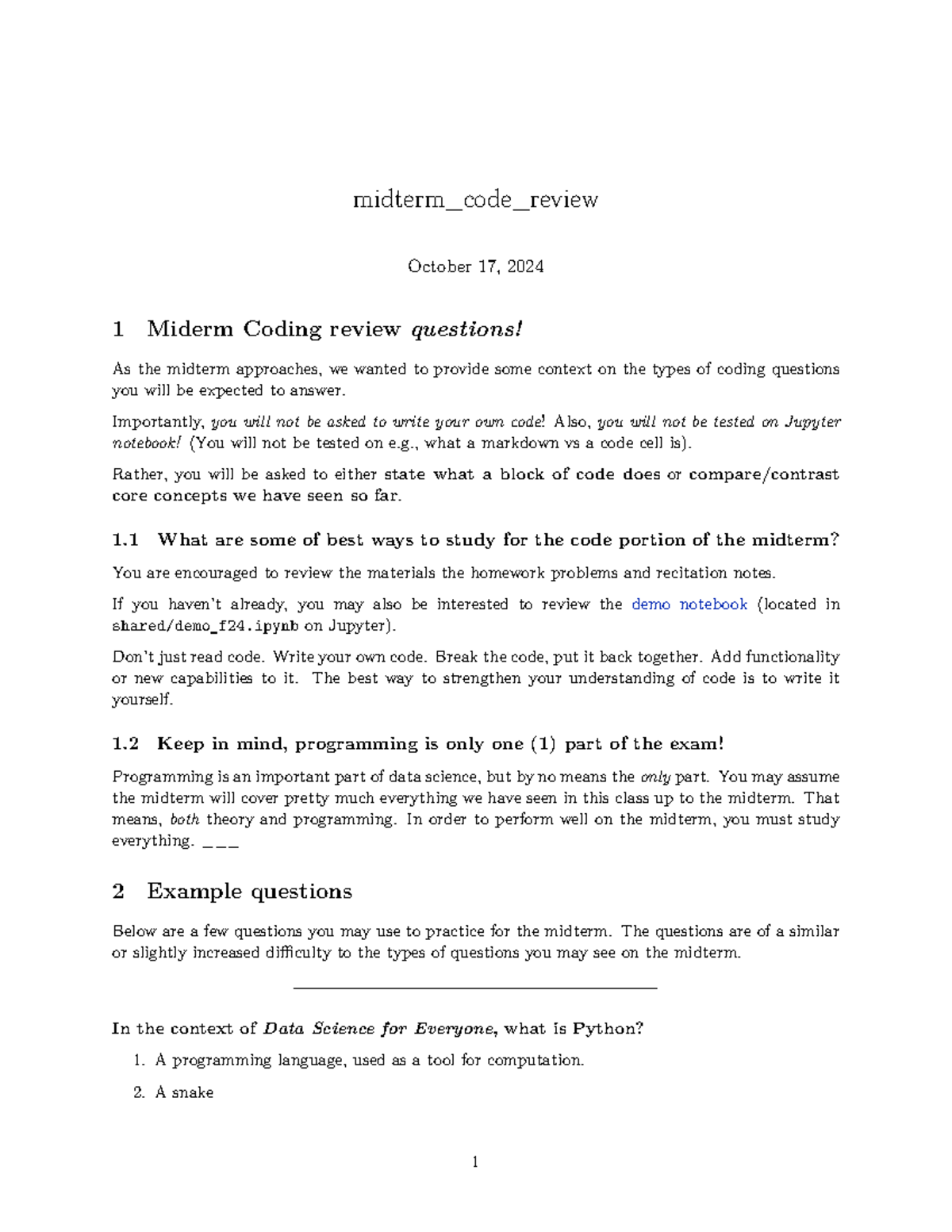 Midterm code review f24 - midterm_code_review October 17, 2024 1 Miderm Coding review questions ...