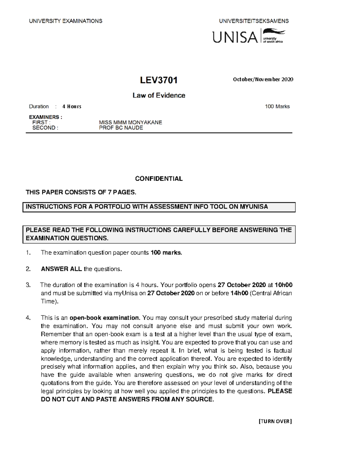 OCT NOV 2020 Lexam LEV 3701 - CONFIDENTIAL THIS PAPER CONSISTS OF 7 ...