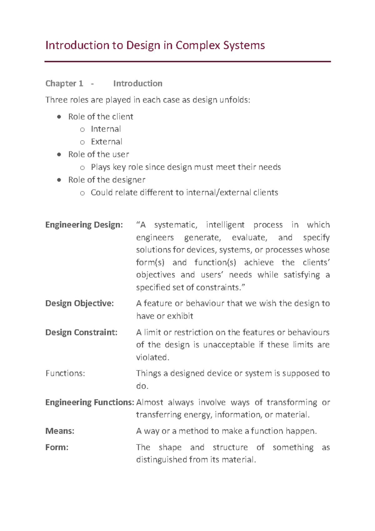 Introduction to Design in Complex Systems - = Design Objective: A ...