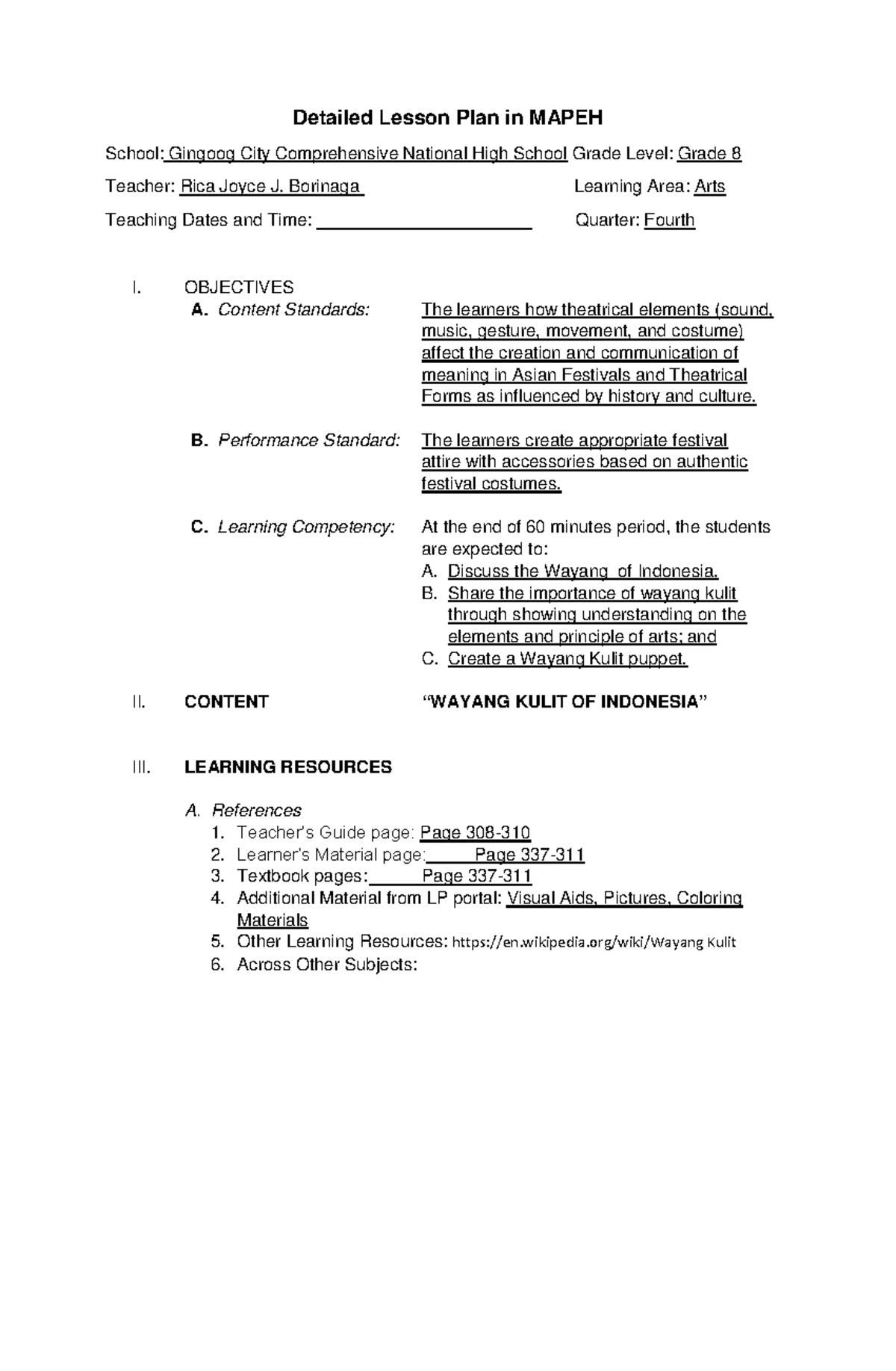 Pdfcoffee - Detailed Lesson Plan in MAPEH School: Gingoog City Comprehensive National High ...