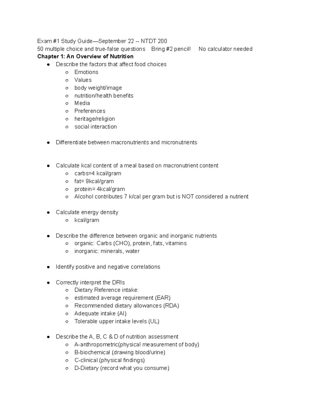 Exam #1 Study Guide—September 22 - NTDT 200 - Exam #1 Study Guide—September 22 - NTDT 200 50 ...