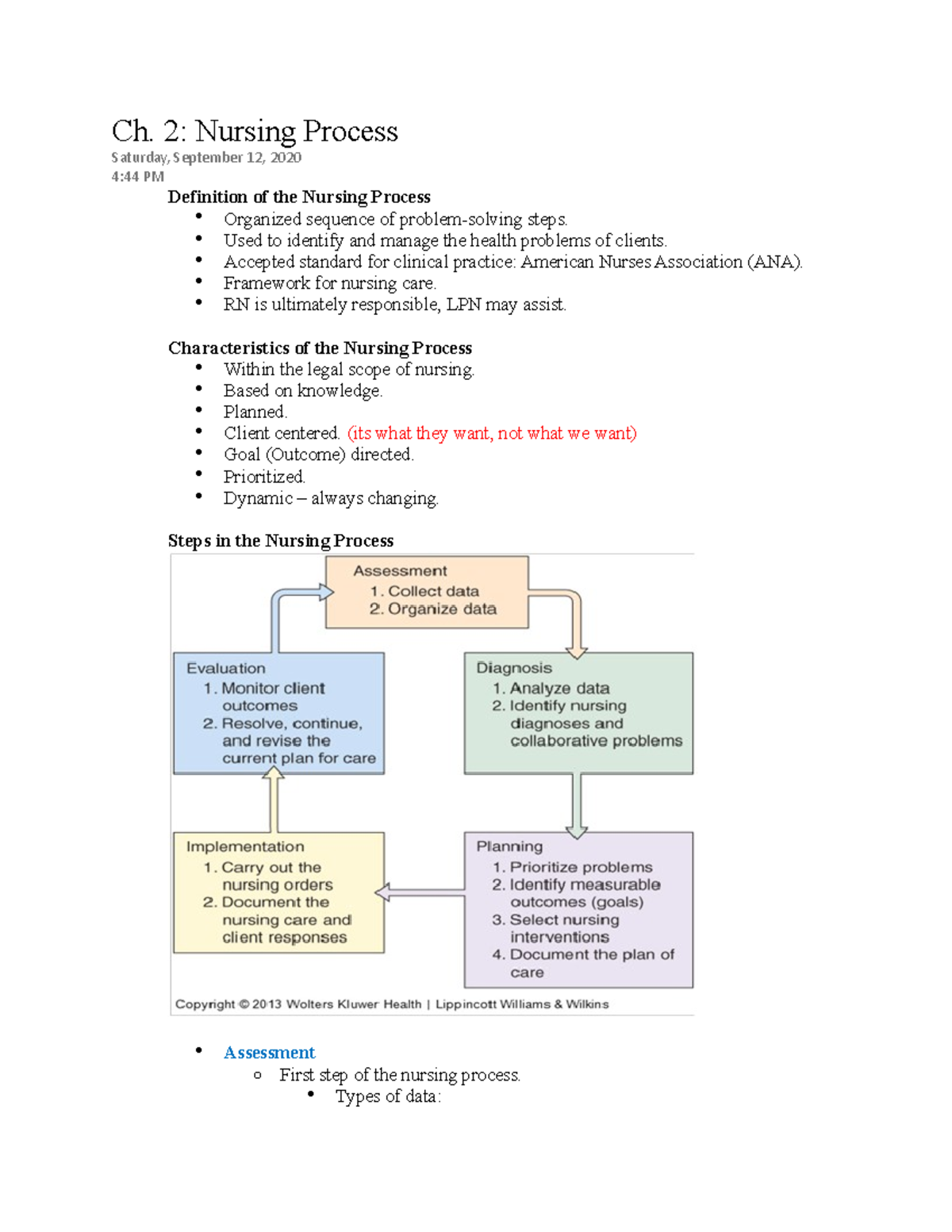 Nursing Process - Ch. 2: Nursing Process Saturday, September 12, 2020 4 ...