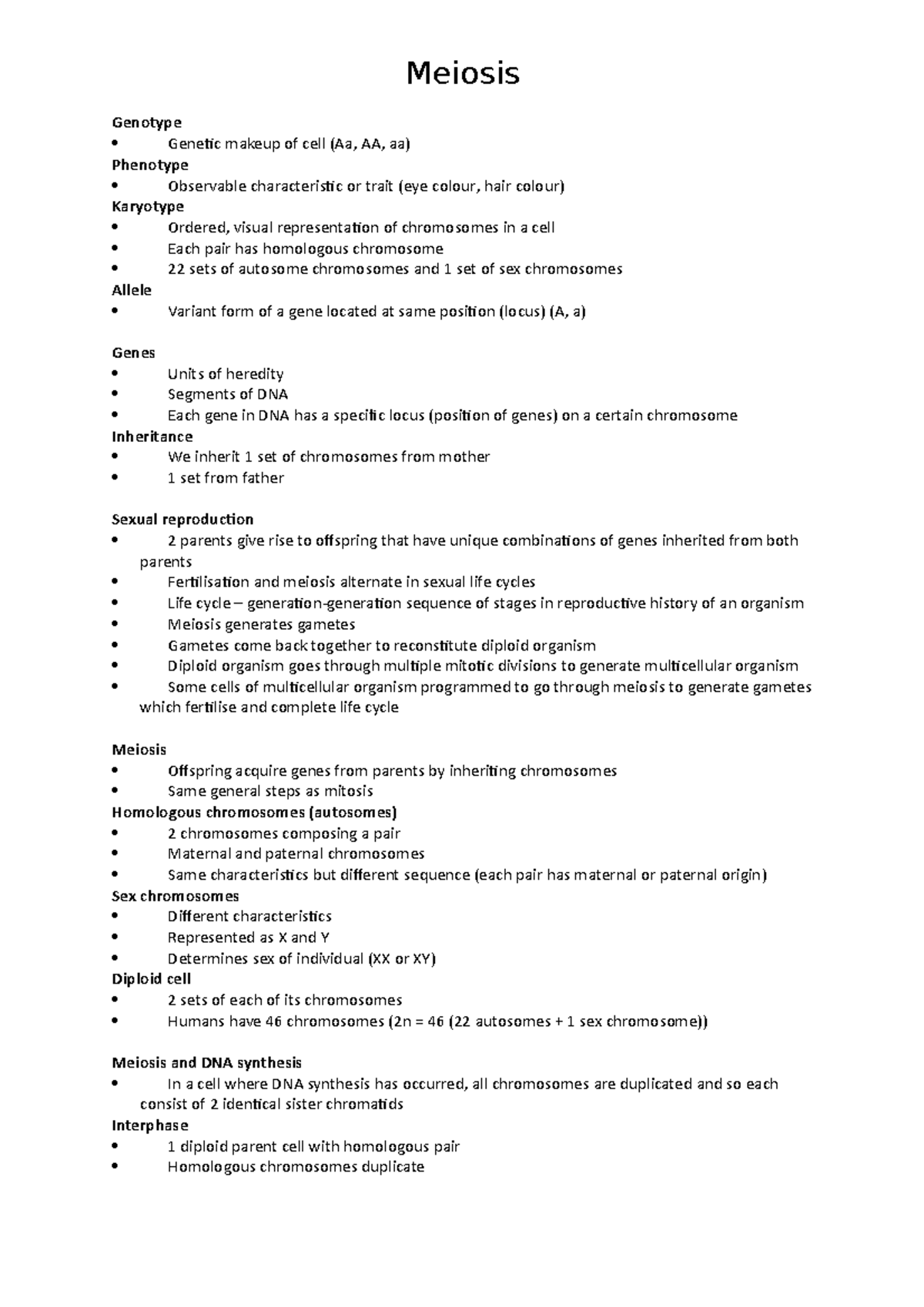 Meiosis - Lecture notes 21-22 - Meiosis Genotype Genetic makeup of cell ...