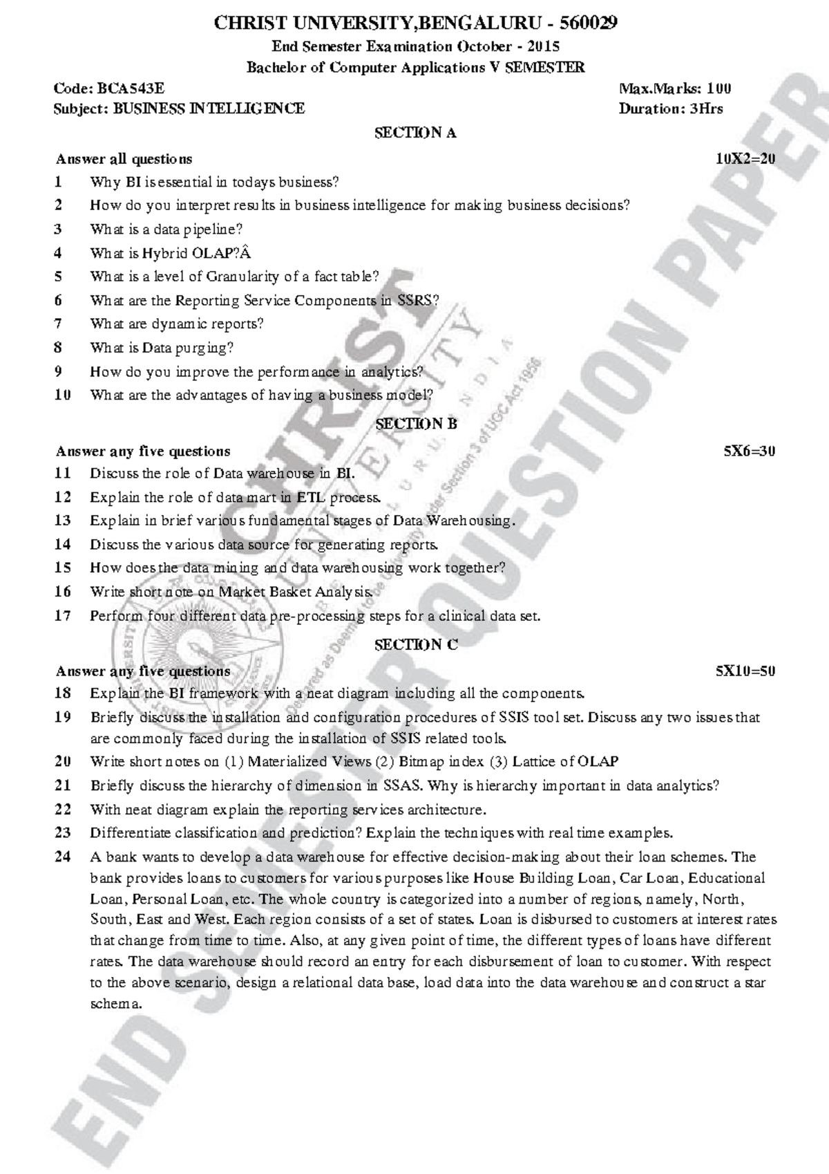 BCA543E - Business intelligenve question paper previous year - CHRIST ...
