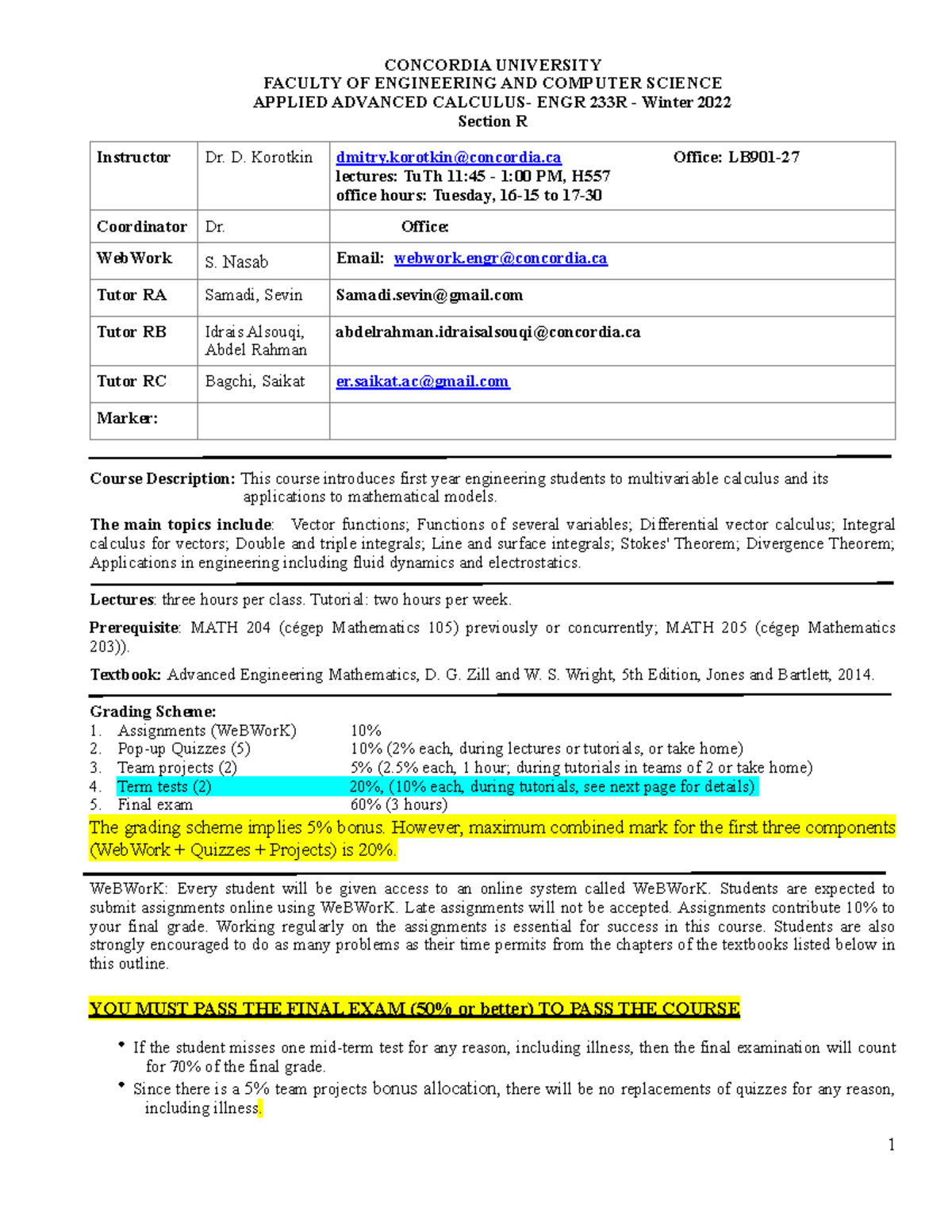 ENGR 233 Outline- concordia university - CONCORDIA UNIVERSITY FACULTY OF ENGINEERING AND ...