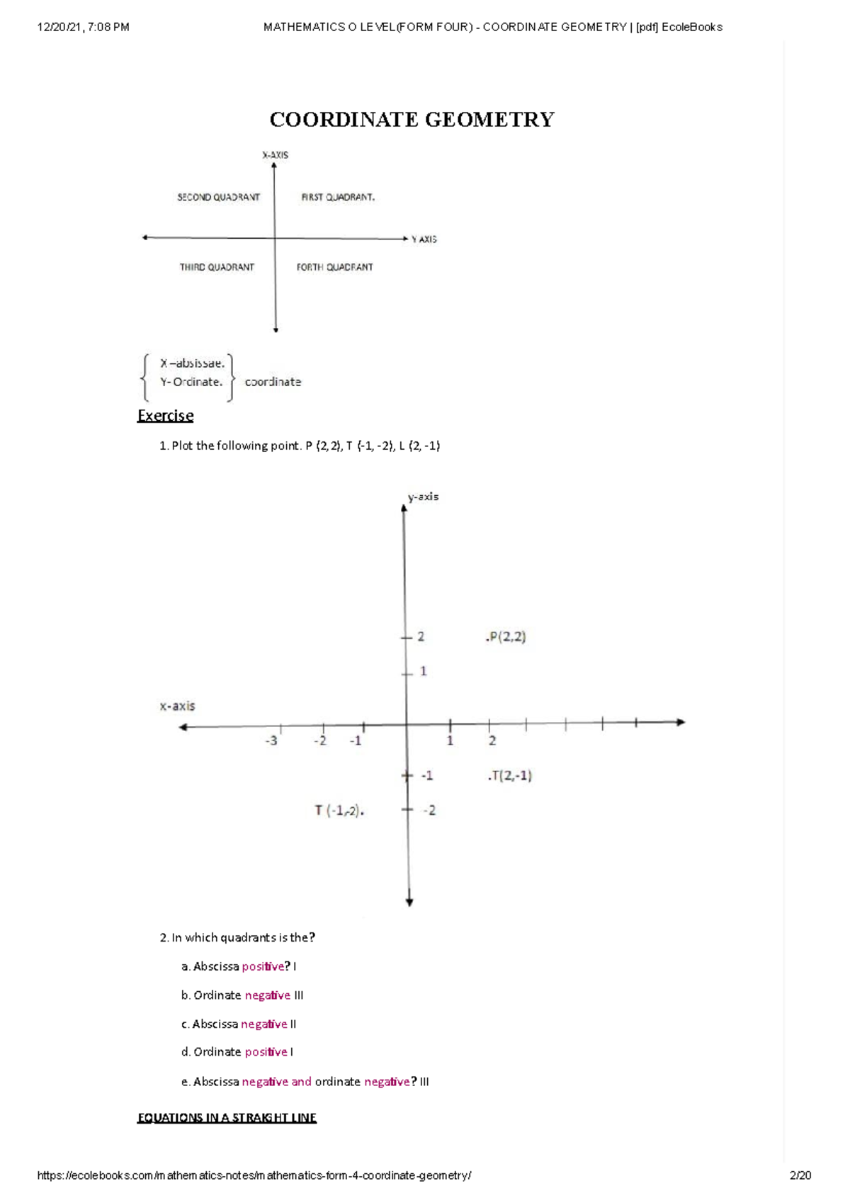 Mathematics- Coordinate Geometry - COORDINATE GEOMETRY Exercise Plot the following point. P (2,2 ...