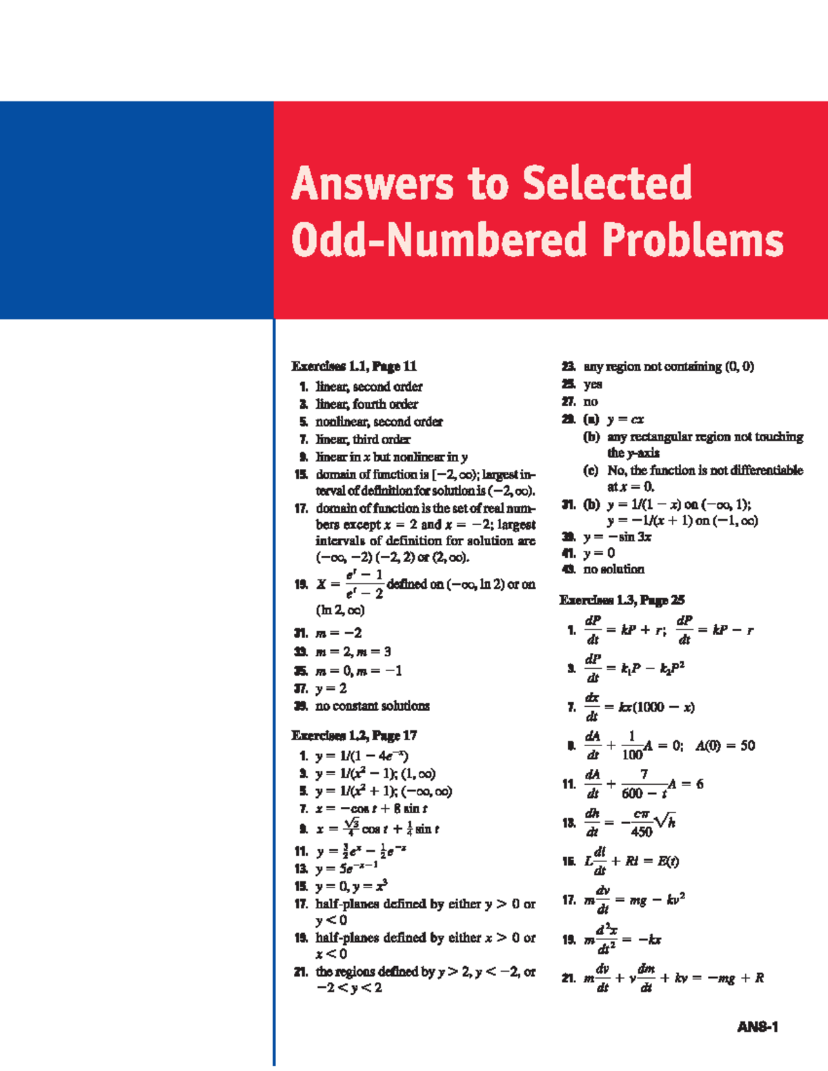 Answers to Odd-Numbered Problems: Exercises 1.1 to 3.1 - ENGR 233 - Studocu
