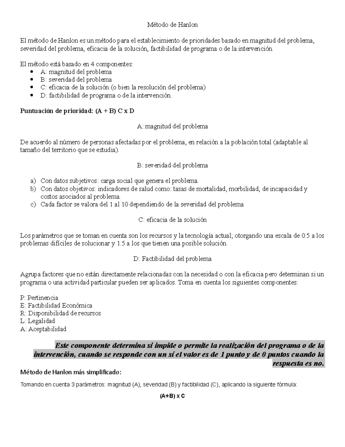 Priorizacion Método de Hanlon - Método de Hanlon El método de Hanlon es ...