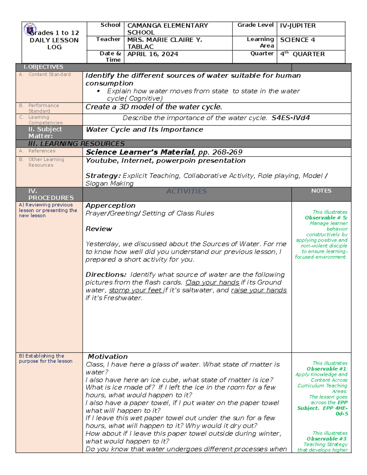 Science cot - materials - Grades 1 to 12 DAILY LESSON LOG School ...