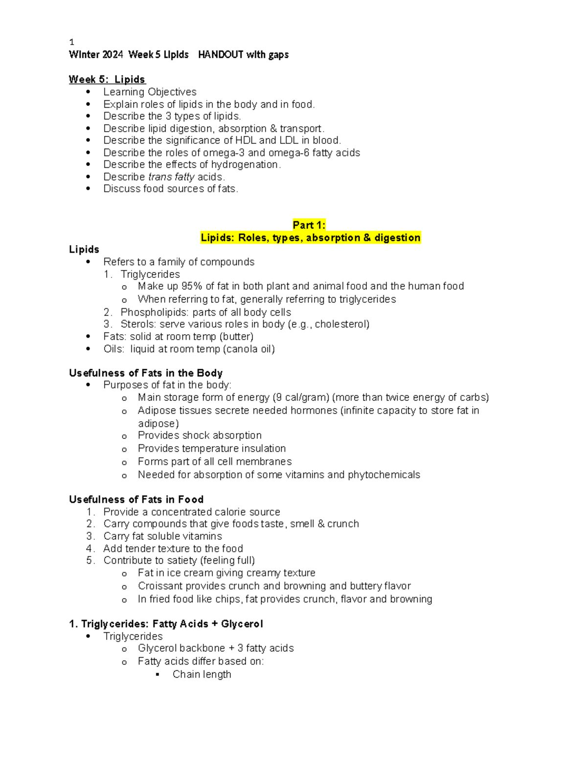Week 5 Lipids Sheet - Winter 2024 Week 5 Lipids HANDOUT with gaps Week ...