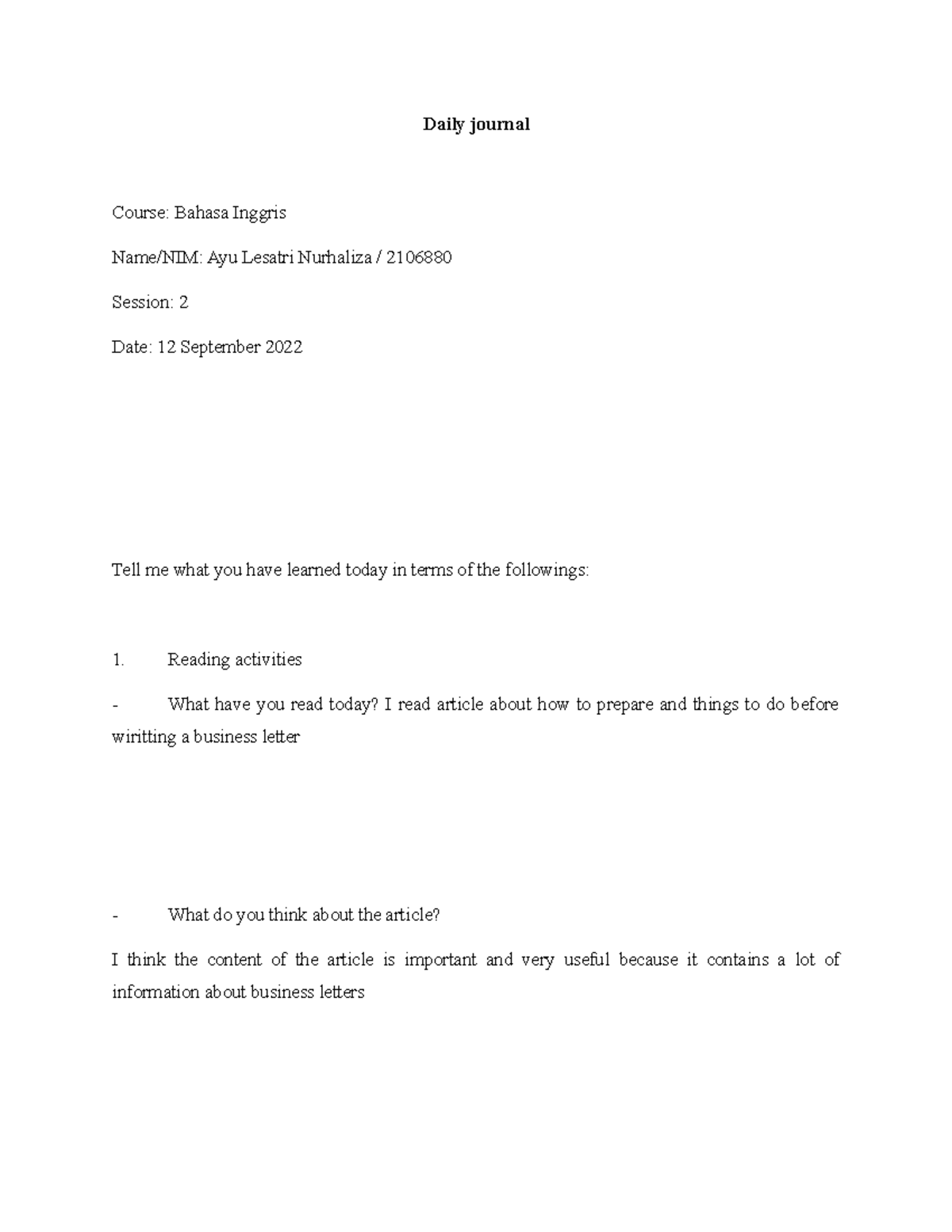 Daily journal at English Course to reflect student's understanding ...