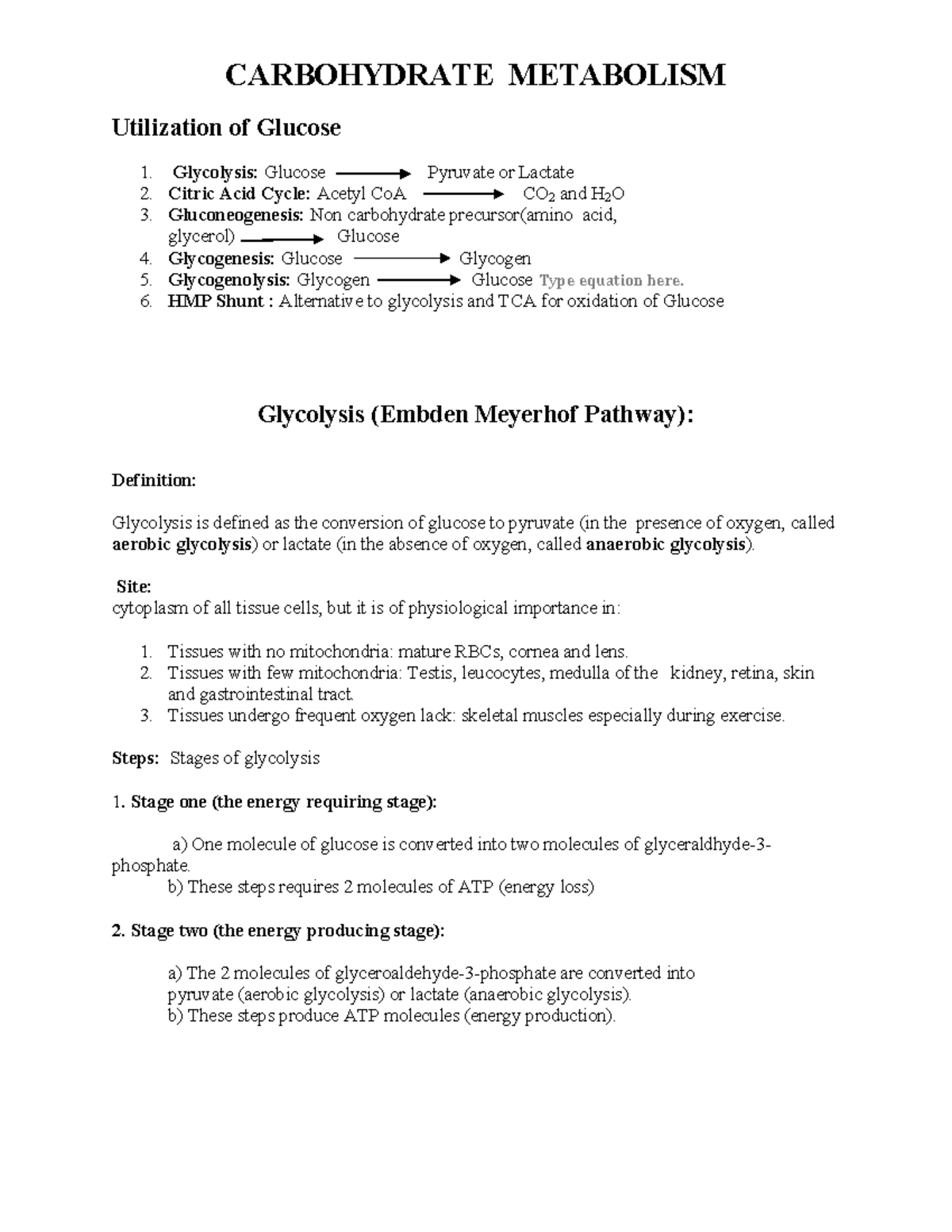 Metabolism of carbohaydrates - CARBOHYDRATE METABOLISM Utilization of ...
