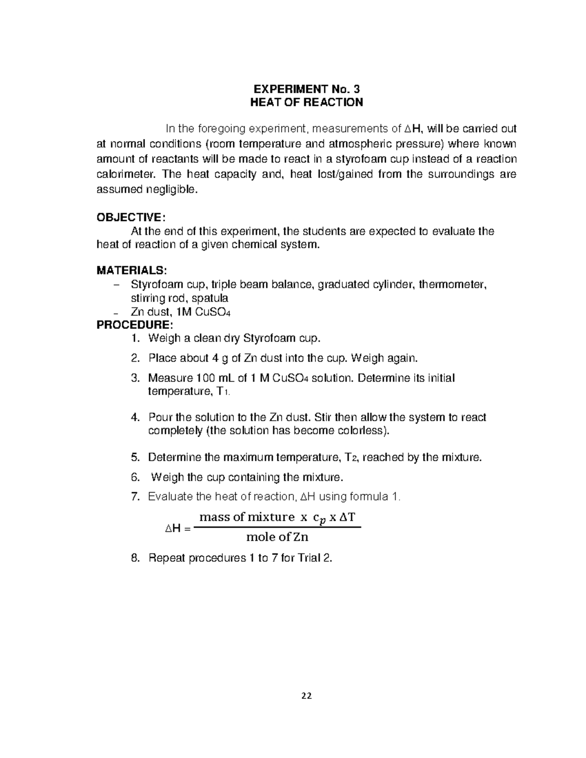 Expt#3 Heat of Reaction - EXPERIMENT No. 3 HEAT OF REACTION In the ...