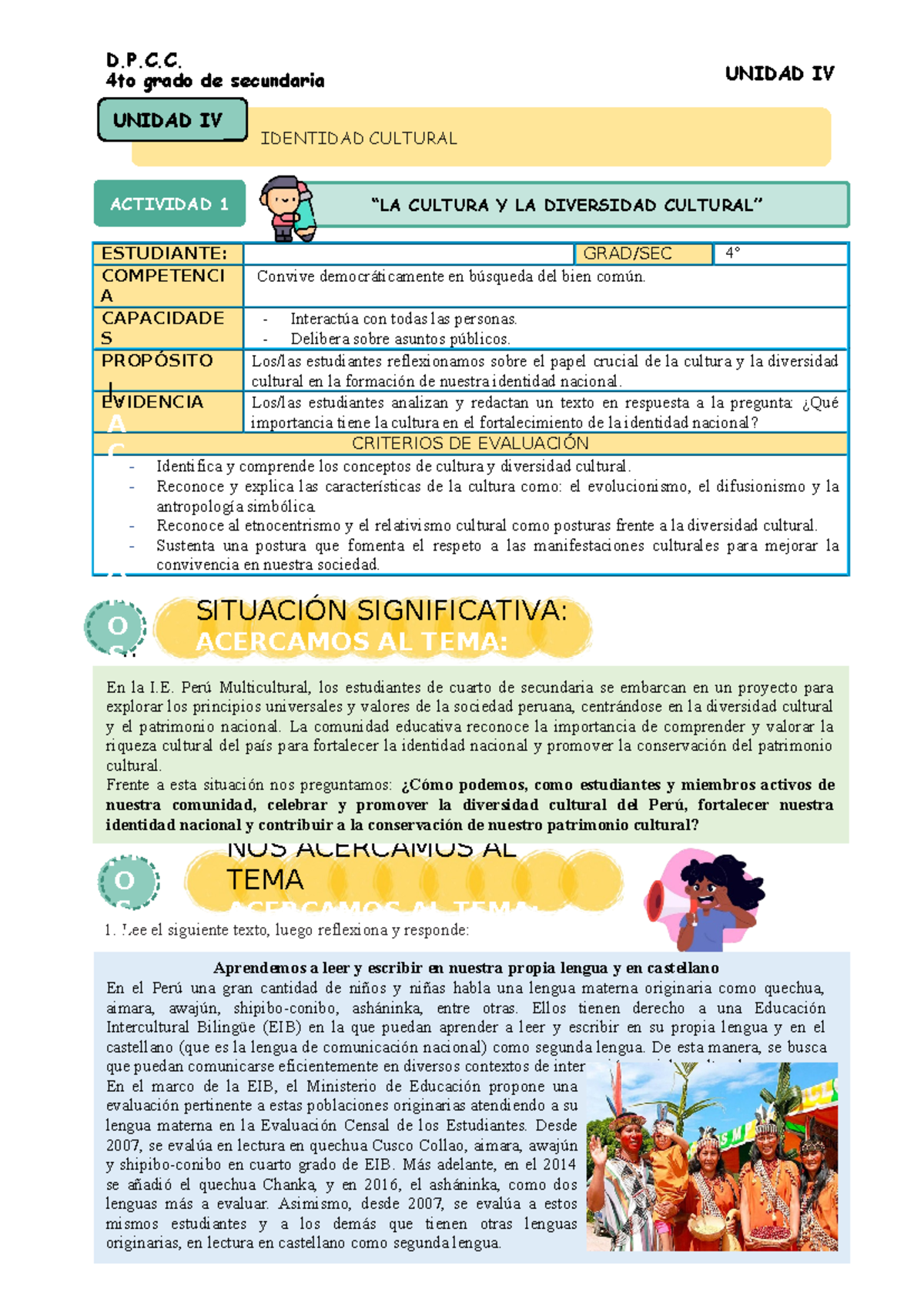4° DPCC -ACTV.01-UNI.4 2024 - UNIDAD IV D.P.C. 4to grado de secundaria 1. Lee el siguiente texto ...