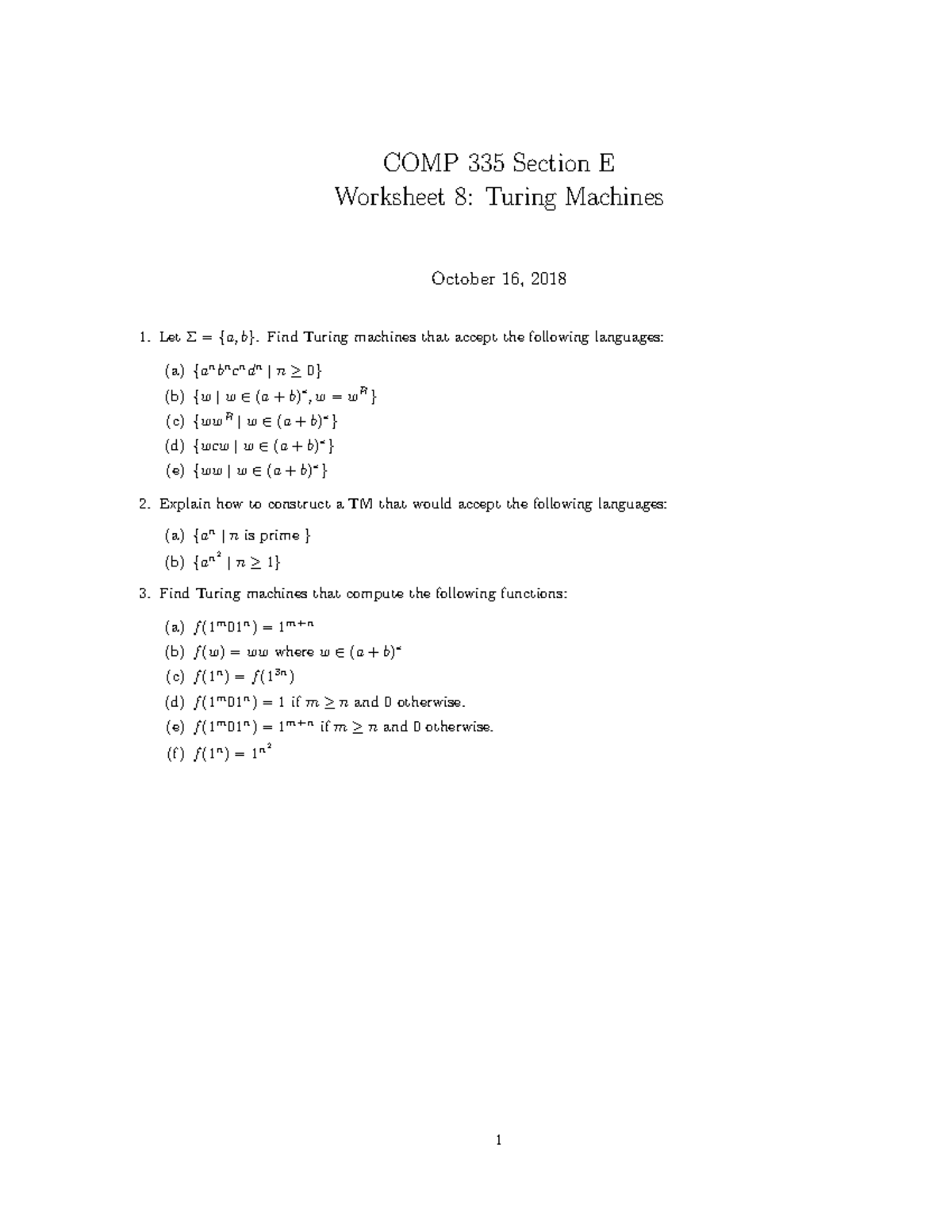 Worksheet-TM - Turing machine exercises - COMP 335 Section E Worksheet ...