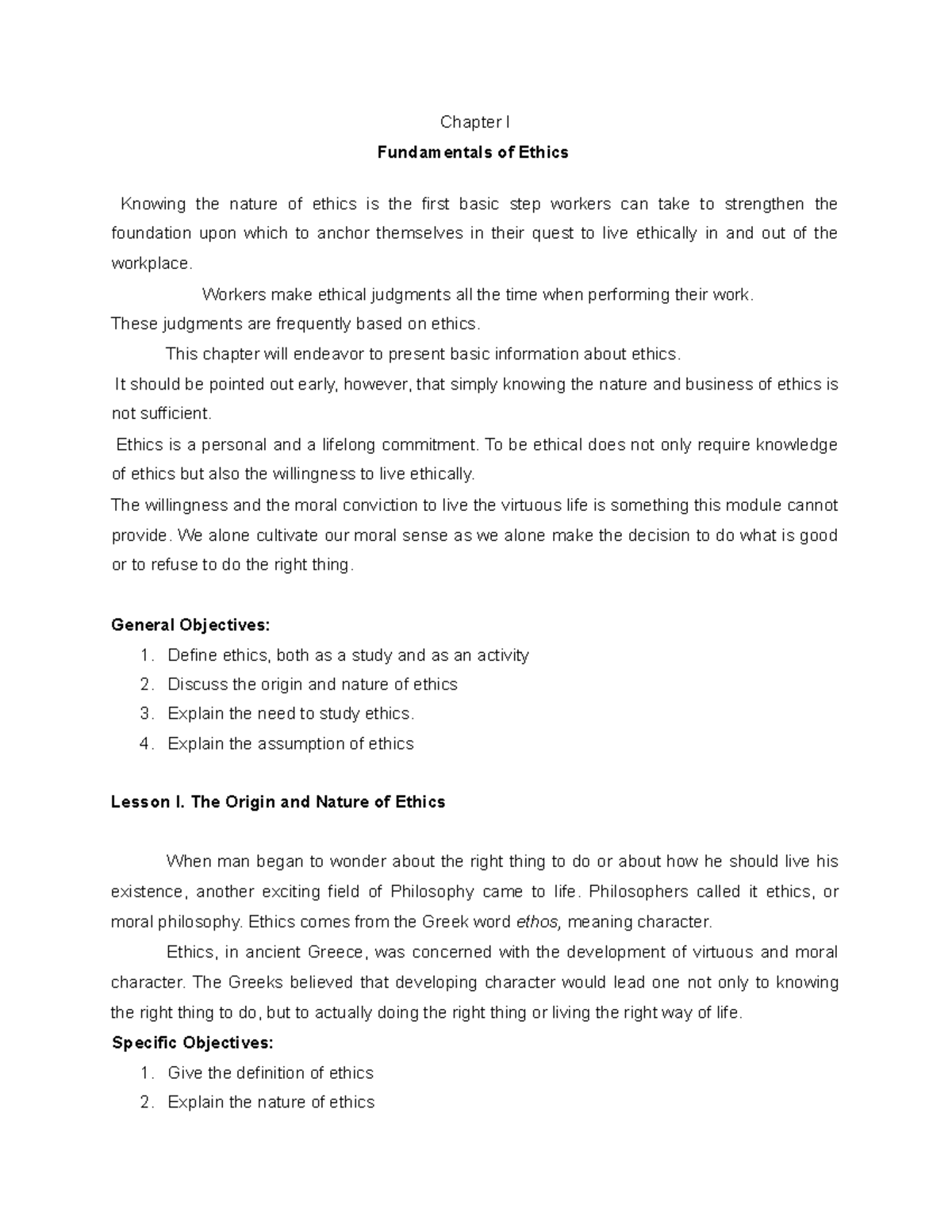Chapter-I-ethics - Ethics Introduction - Chapter I Fundamentals of ...