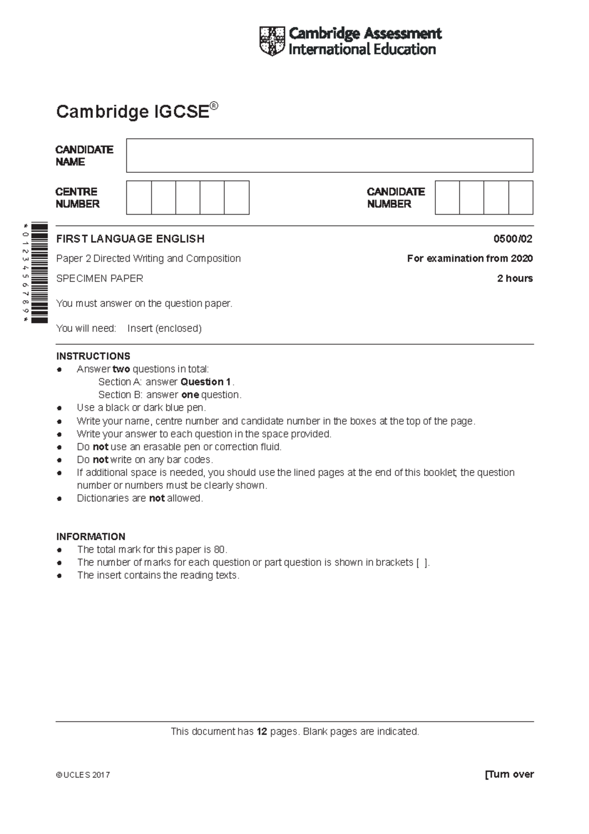 414816 2020 specimen paper 2 - Cambridge IGCSE® FIRST LANGUAGE ENGLISH ...