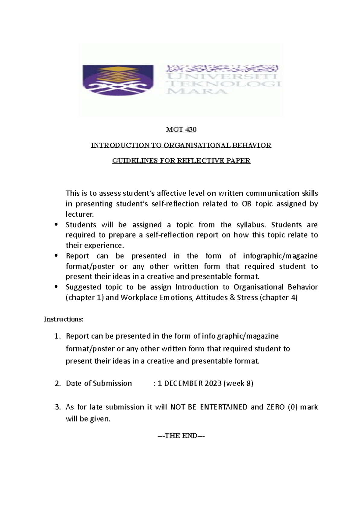 Guidelines FOR Reflective ASSG(IND) - MGT 430 INTRODUCTION TO ...