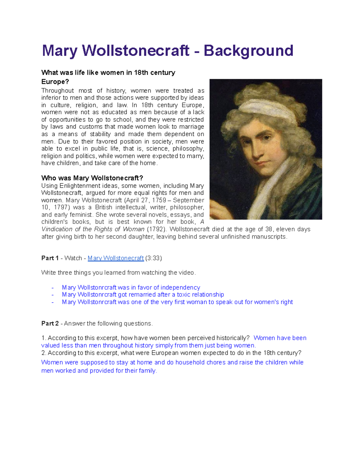Wollstonecraft Background - Mary Wollstonecraft - Background What was ...