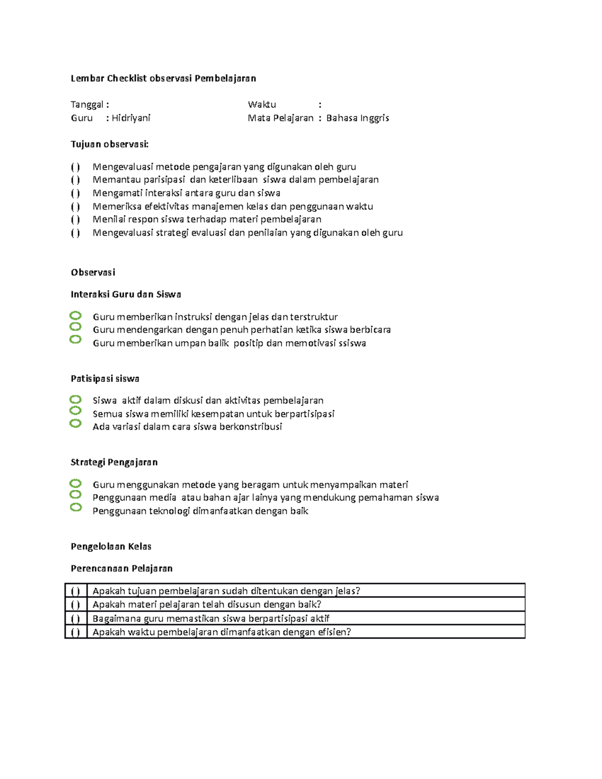 Lembar Checklist observasi Pembelajaran kolom 2 2 - Lembar Checklist ...
