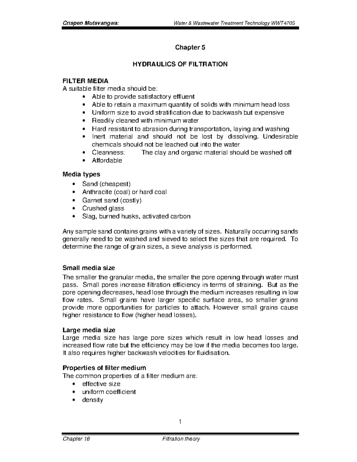 Chapter 5 Hydraulics of filtration - 1 Chapter 5 HYDRAULICS OF ...