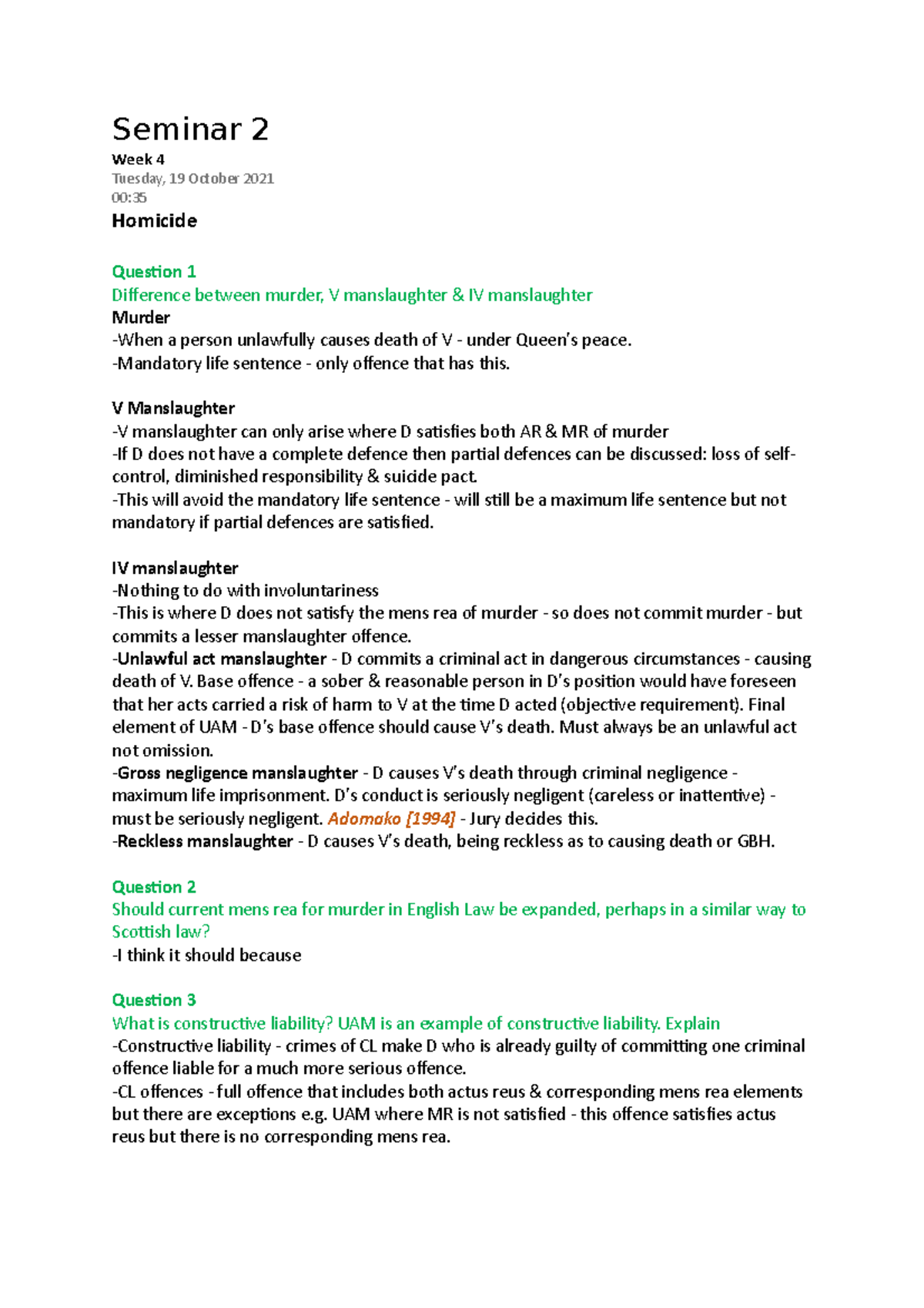 Seminar 2 - criminal law - Seminar 2 Week 4 Tuesday, 19 October 2021 00 ...