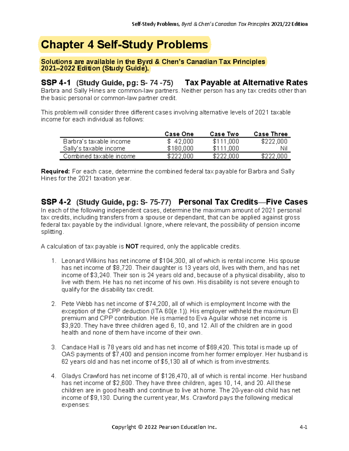 Self Study Problem chapter 4 - SSP 4-1 Tax Payable at Alternative Rates ...
