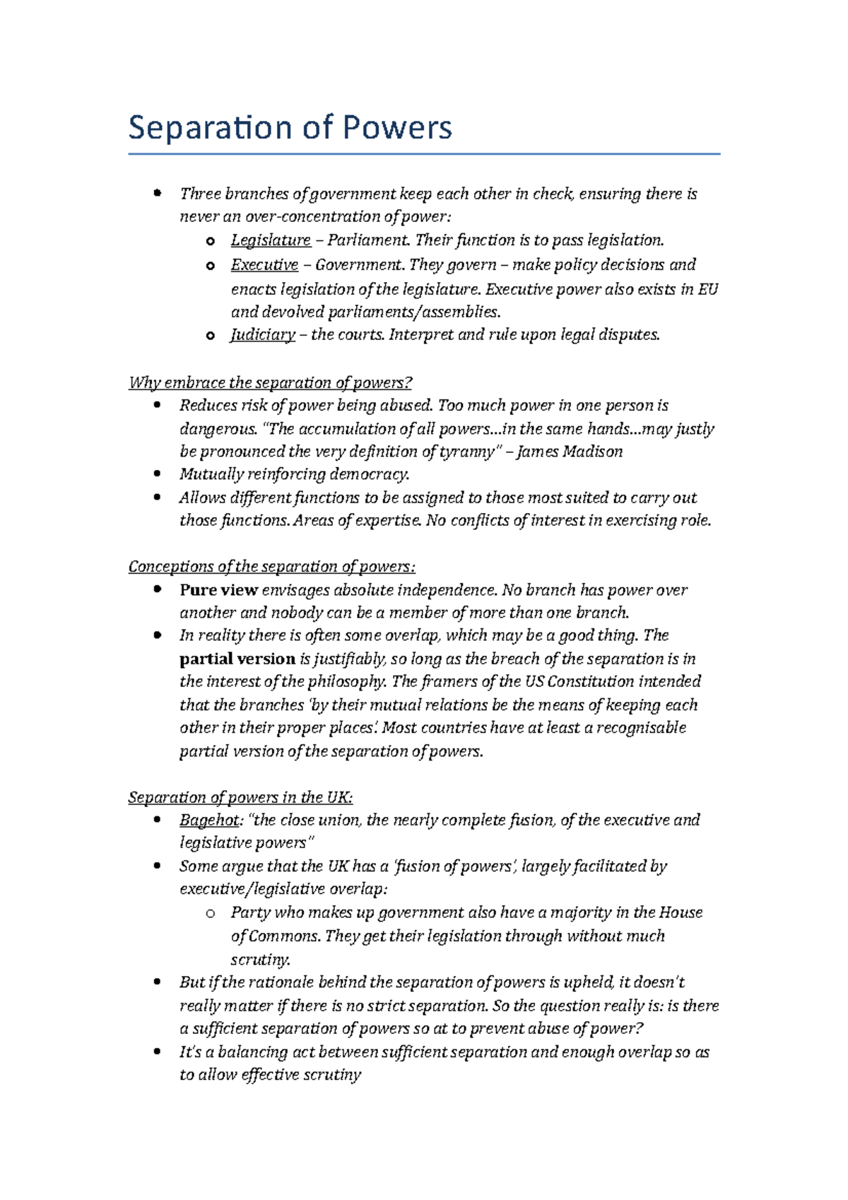Separation of Powers -Revision - Separaion of Powers Three branches of ...