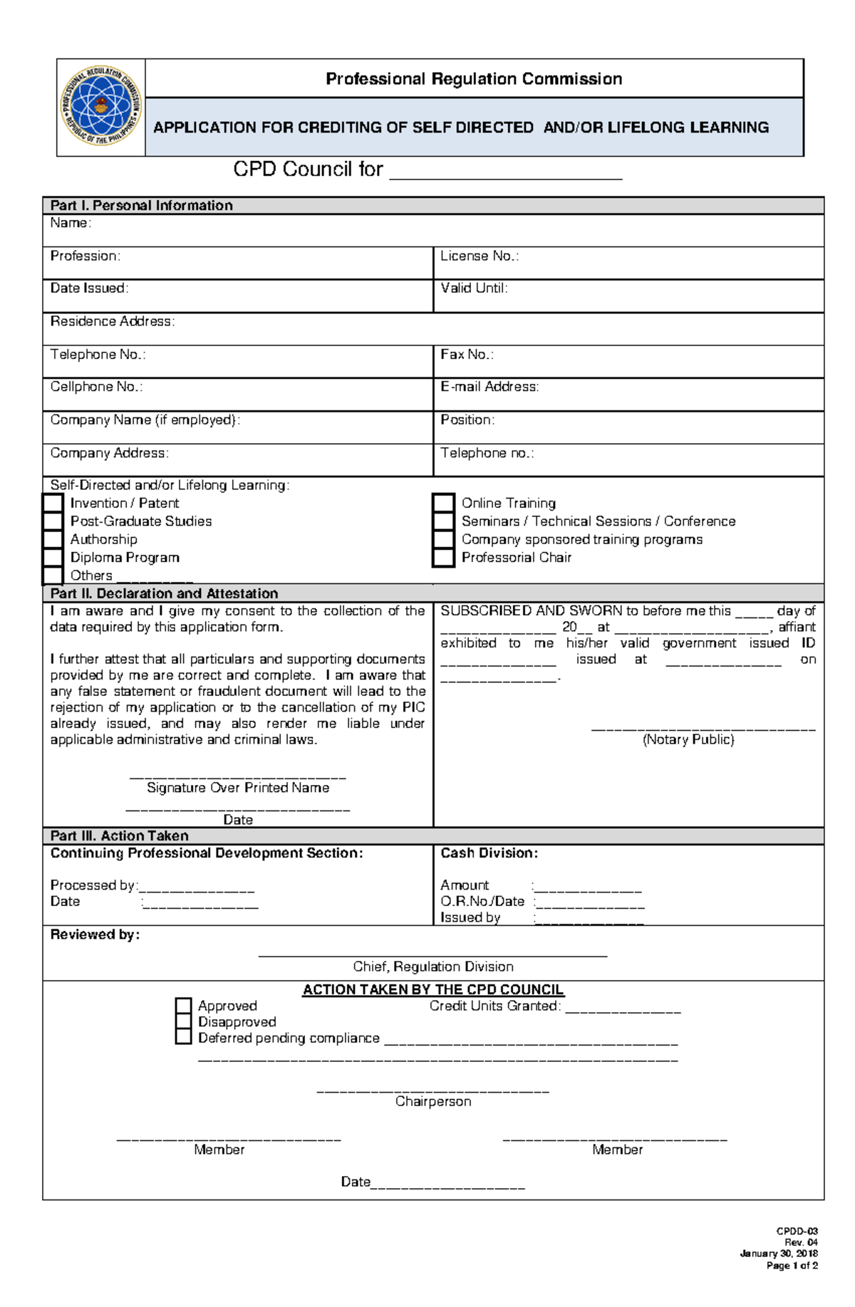 PRC Application - As shown - CPDD- 03 Rev. 04 January 30, 2018 Page 1 of 2 Professional ...